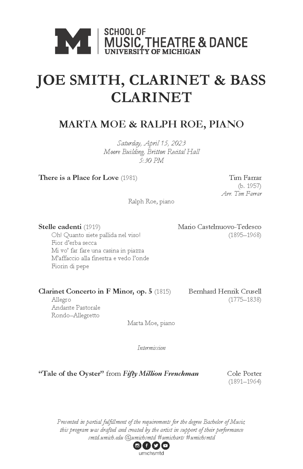 Sample Recital Program University Of Michigan School Of Music